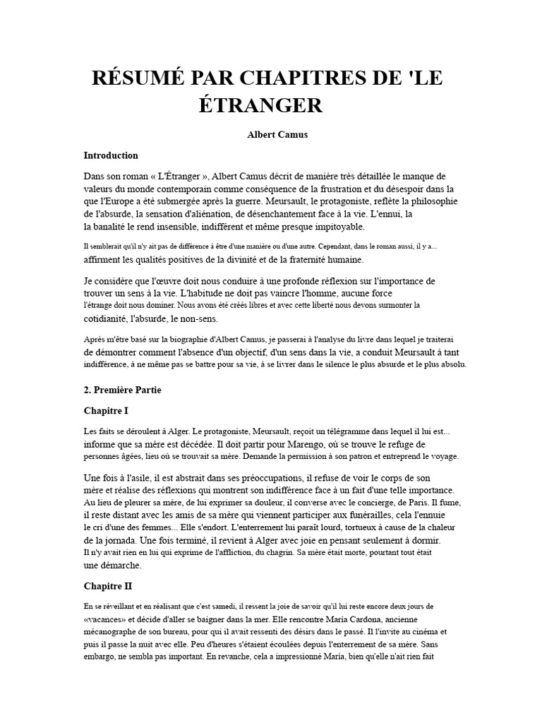 Résumé chapitre par chapitre de L'Étranger | PDF