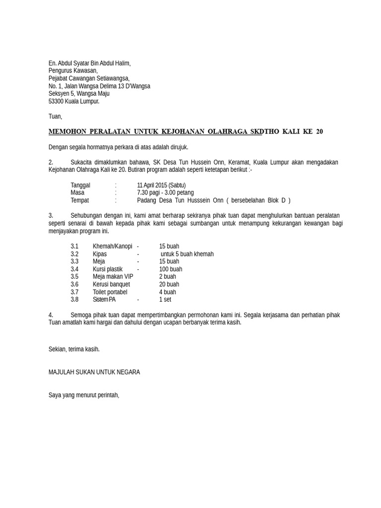 Surat Permohonan Sumbangan DBKL | PDF
