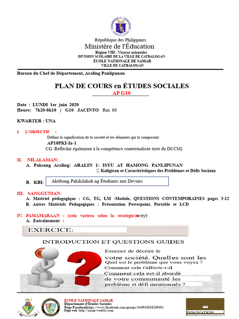 Plan de cours en études sociales G10 | PDF | Enseignement | Pédagogie