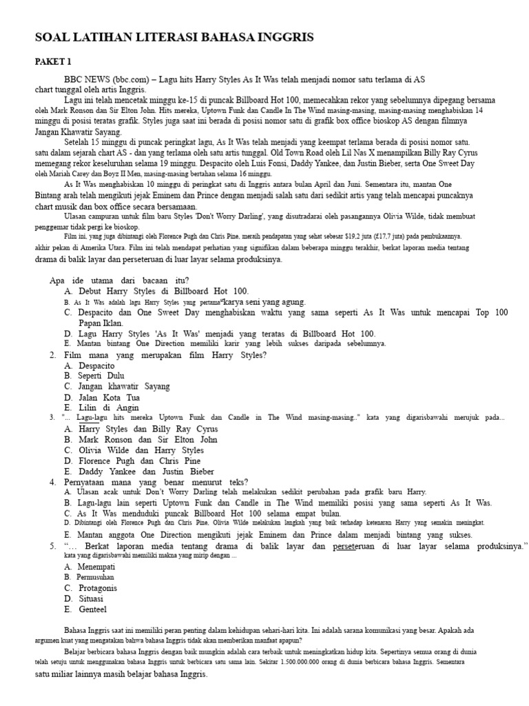 Soal Latihan Literasi Bahasa Inggris UTBK | PDF