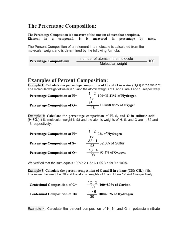 The Percentage Composition | PDF | Mole (Unit) | Molecules