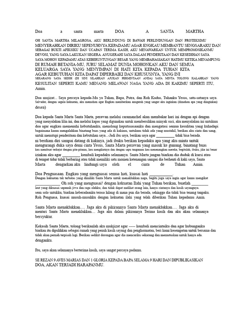 Doa Pengharapan kepada Santa Marta | PDF