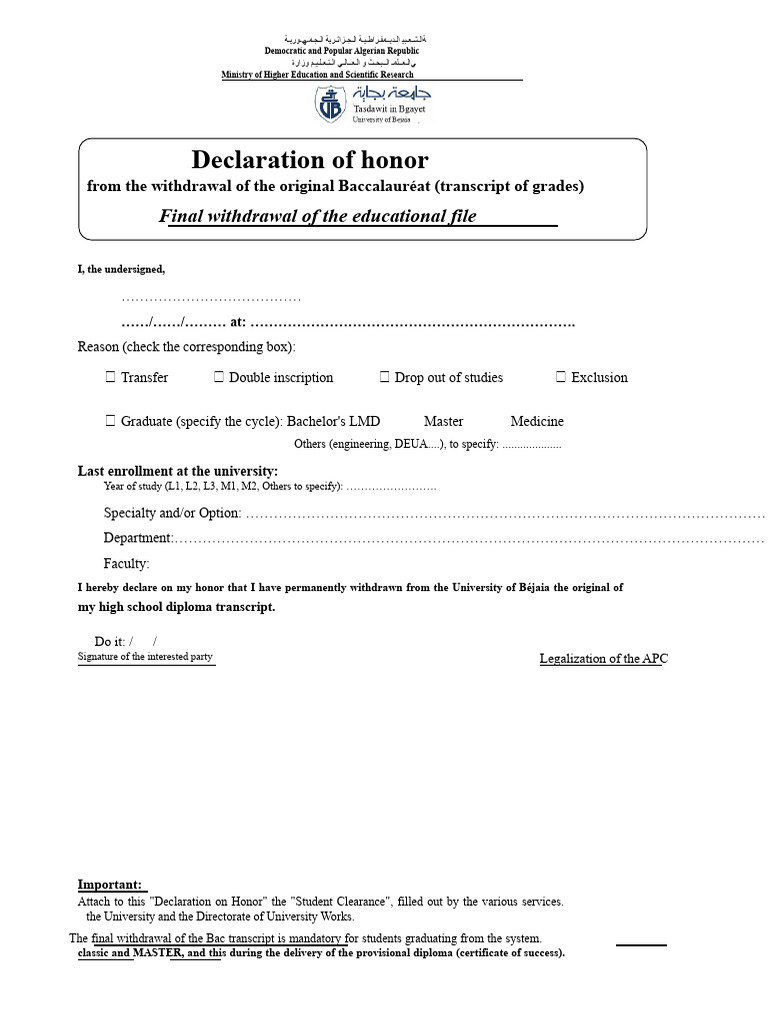 Declaration On Honor For Bac Withdrawal | PDF