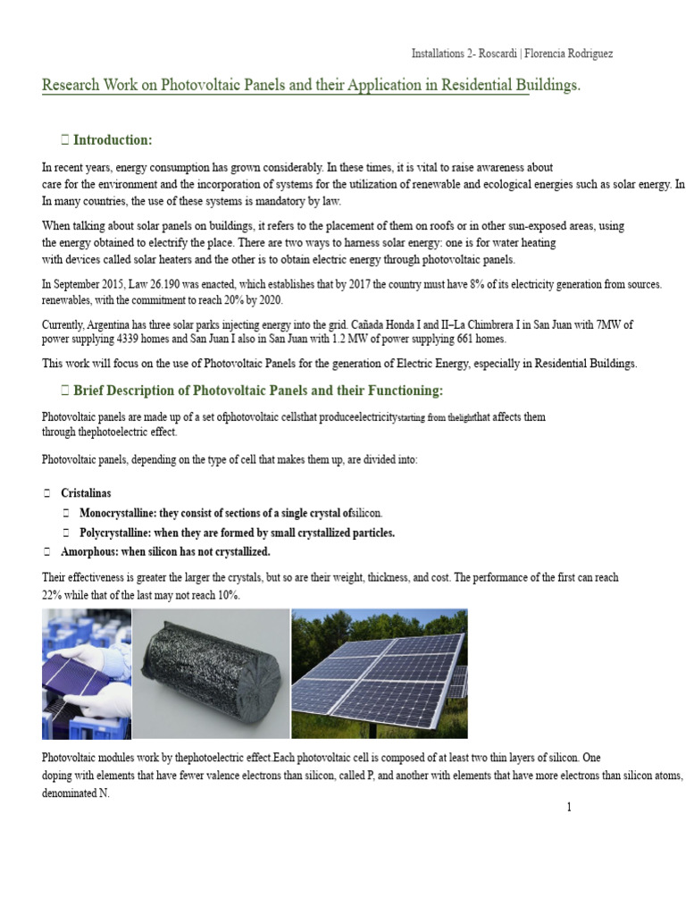 Research Work On Photovoltaic Panels and Their Application in ...