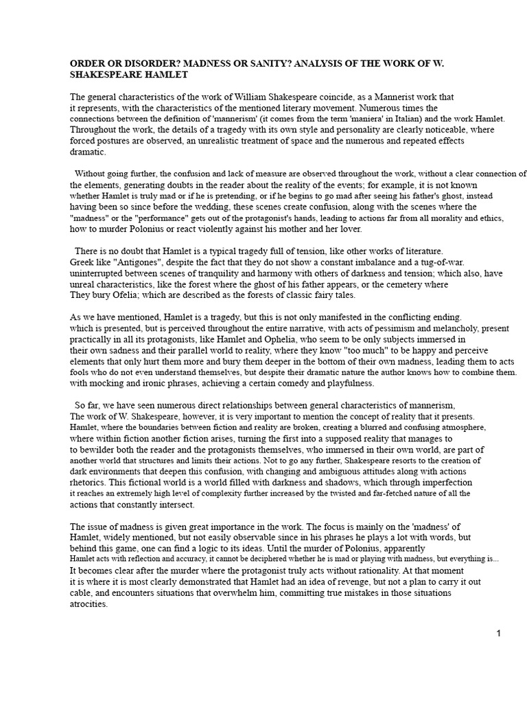 Analysis of The Work Hamlet | PDF | Hamlet | Insanity
