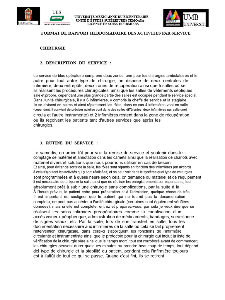 Rapport hebdomadaire soins infirmiers chirurgie | PDF | Allaitement ...