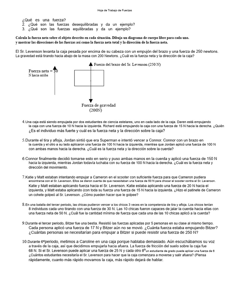 Hoja de Trabajo de Fuerzas Con Problemas de Práctica | PDF | Fuerza ...