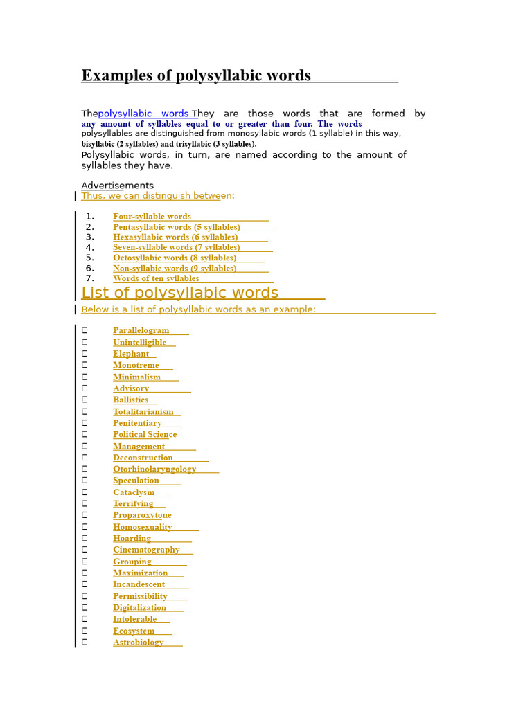 Polysyllabic Words and Examples | PDF | Syllable