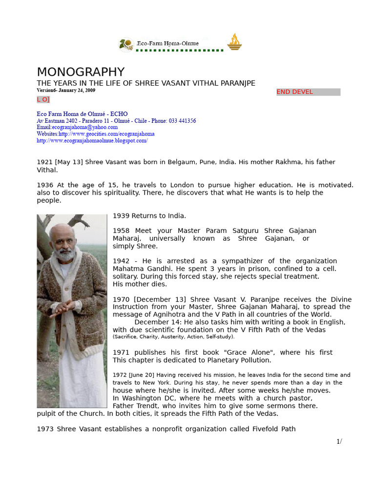 Life and Legacy of Shree Vasant Paranjpe | PDF