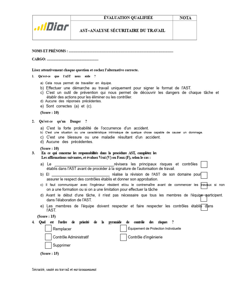 Évaluation de l'AST en sécurité au travail | PDF | Risque