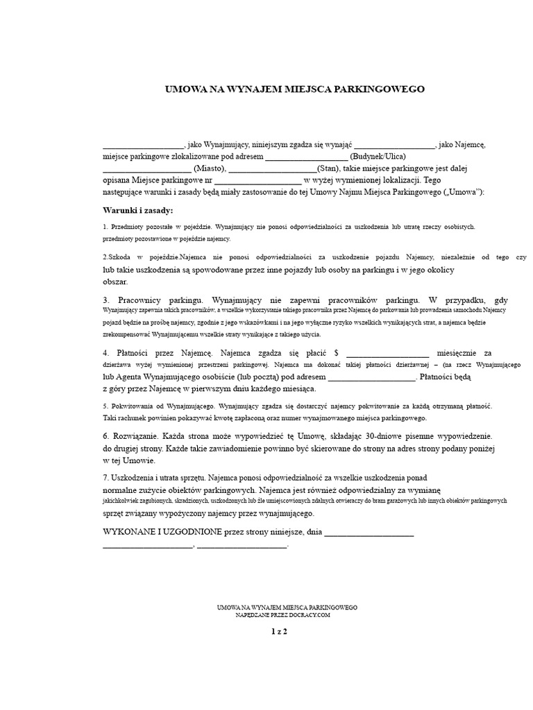 Umowa Najmu Miejsca Parkingowego | PDF
