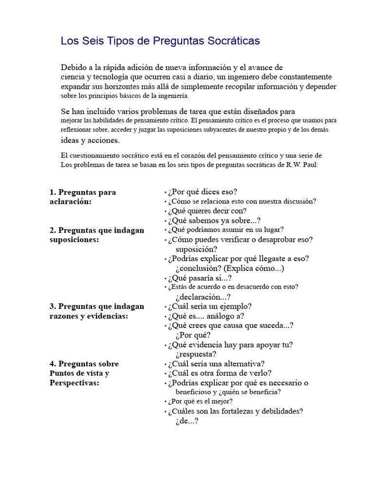 Seis Tipos de Preguntas Socráticas | PDF | Pensamiento crítico ...