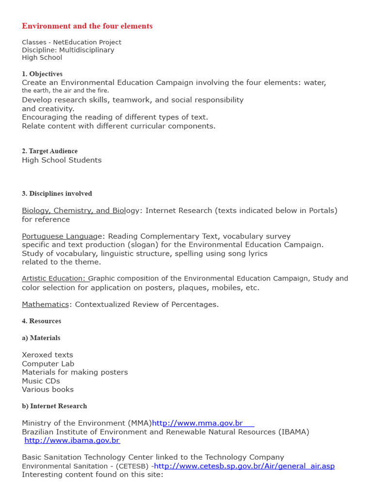 Lesson Plan - Environment and The Four Elements | PDF