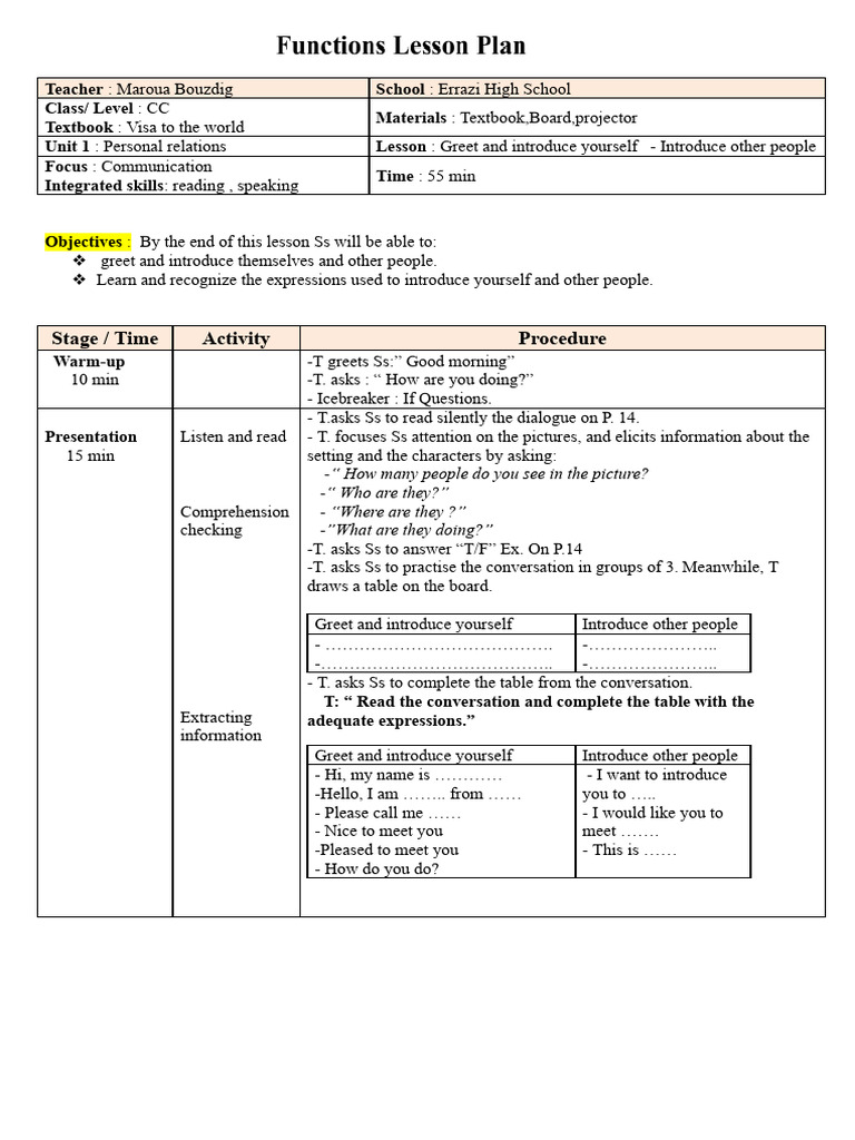Greet and Introduce Yourself Lesson Plan | PDF | Education Theory ...