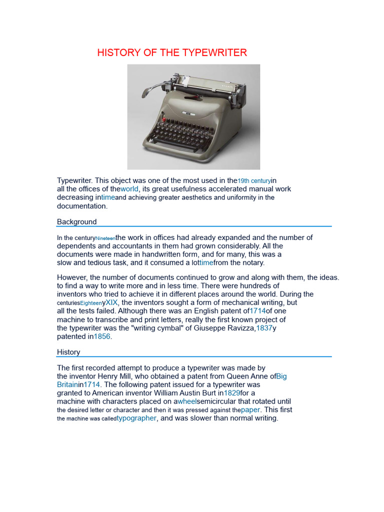 Evolution of the Typewriter History | PDF | Typewriter | Invention