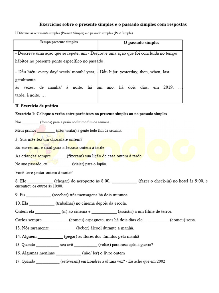 Exercícios Sobre o Presente Simples e o Passado Simples Com Respostas | PDF