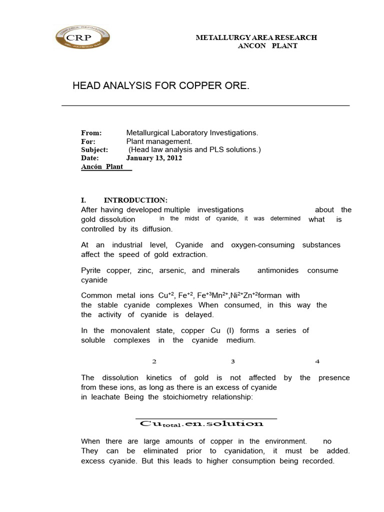 Head Analysis For Copper Ore | PDF | Cyanide | Copper