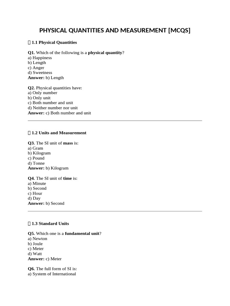 Physical Quantities and Measurement Mcqs 1 | PDF