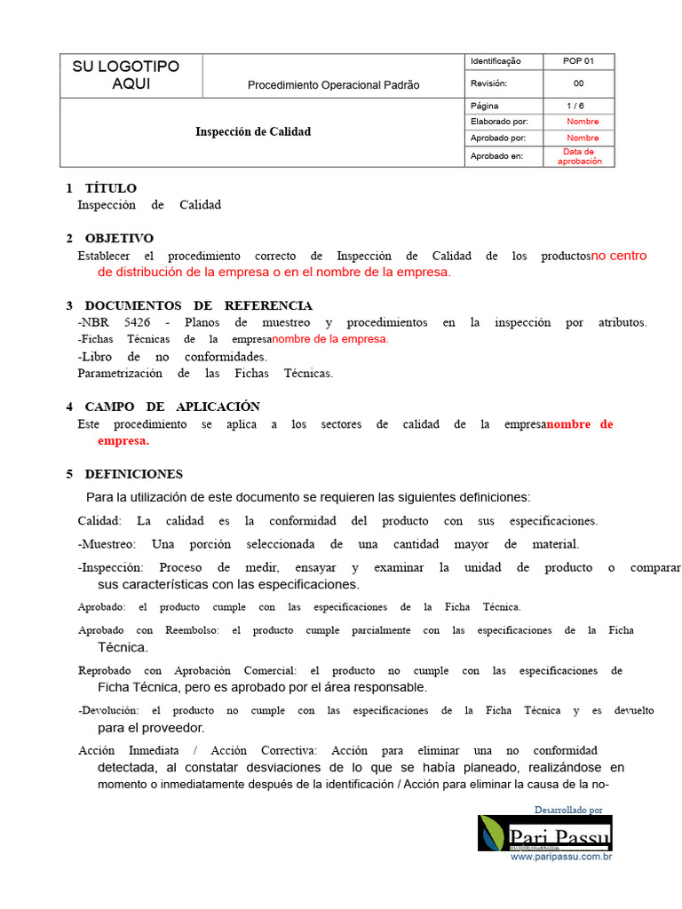 Procedimiento Operacional Estándar Calidad | PDF