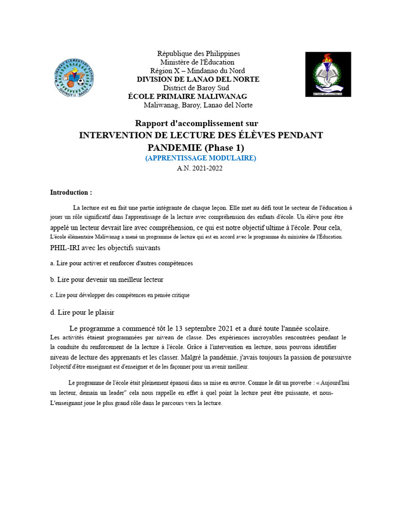 Rapport D'accomplissement Sur La Lecture | PDF | Apprentissage ...