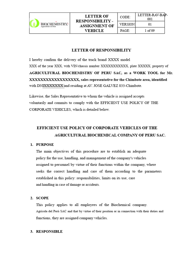 Format - Letter of Responsibility | PDF | Driving | Traffic