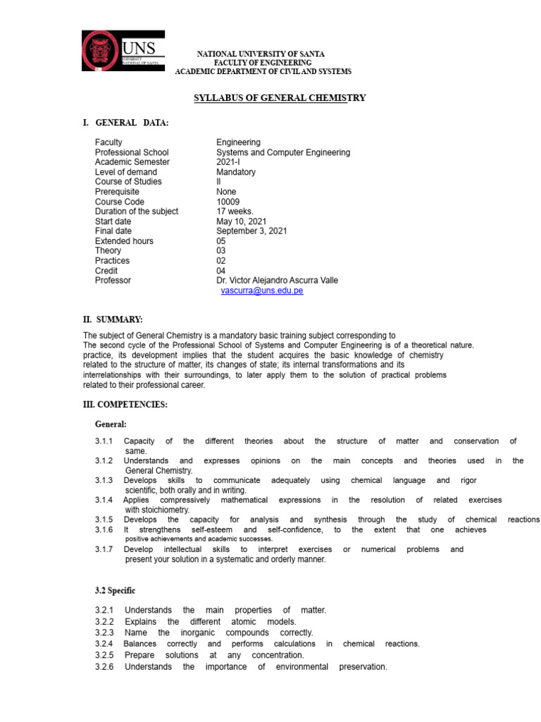 General Chemistry Syllabus Overview | PDF | Gases | Chemistry