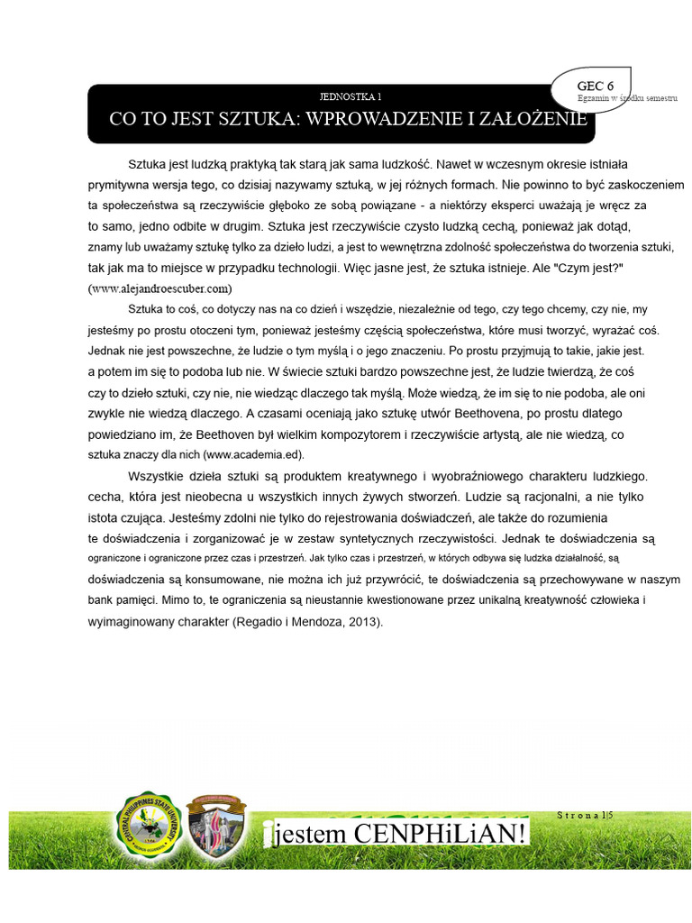 Jednostka 1 Lekcja 1 Czym Jest Sztuka Wprowadzenie I Założenie | PDF