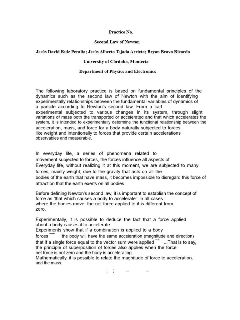 Newton's Second Law Laboratory Practice | PDF | Force | Mass