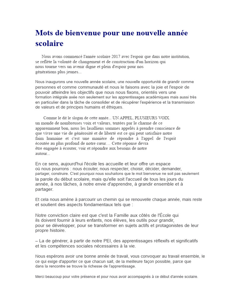 Mots de Bienvenue Pour Une Nouvelle Année Scolaire | PDF ...