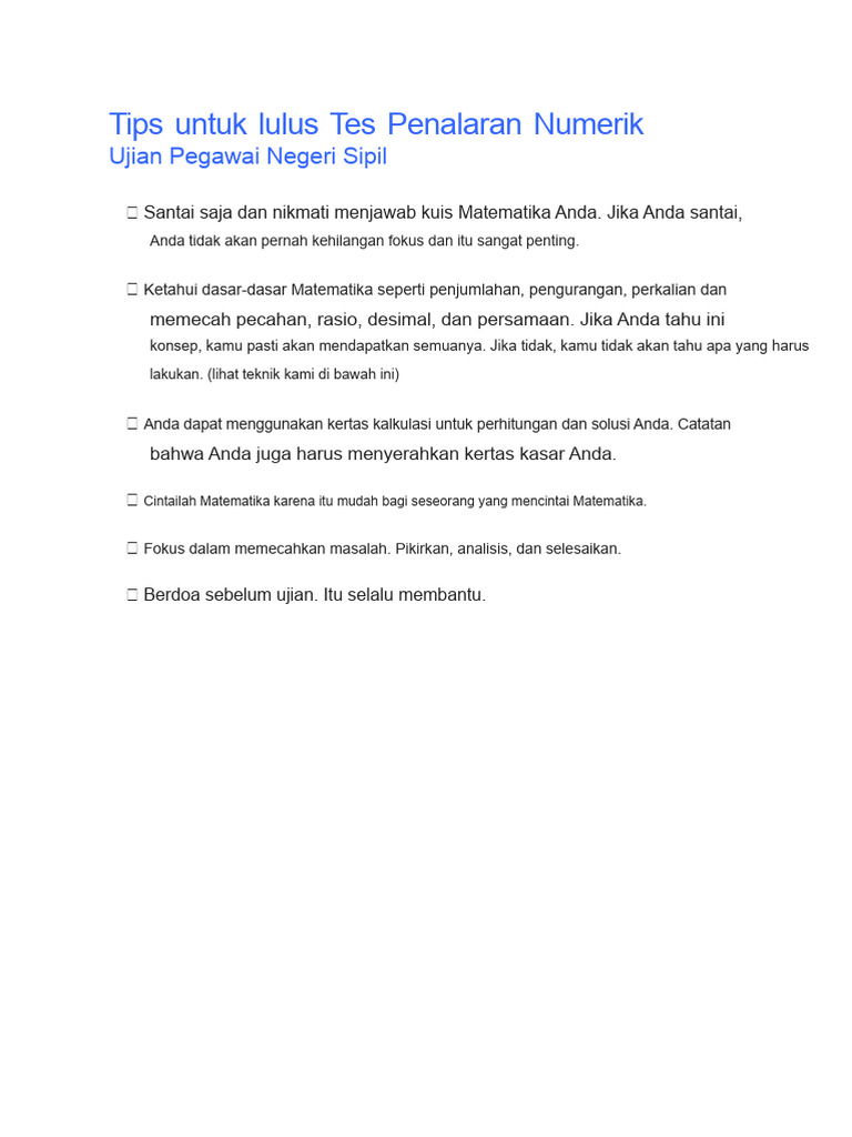 Tips Untuk Lulus Tes Penalaran Numerik Dalam Ujian Layanan Sipil | PDF