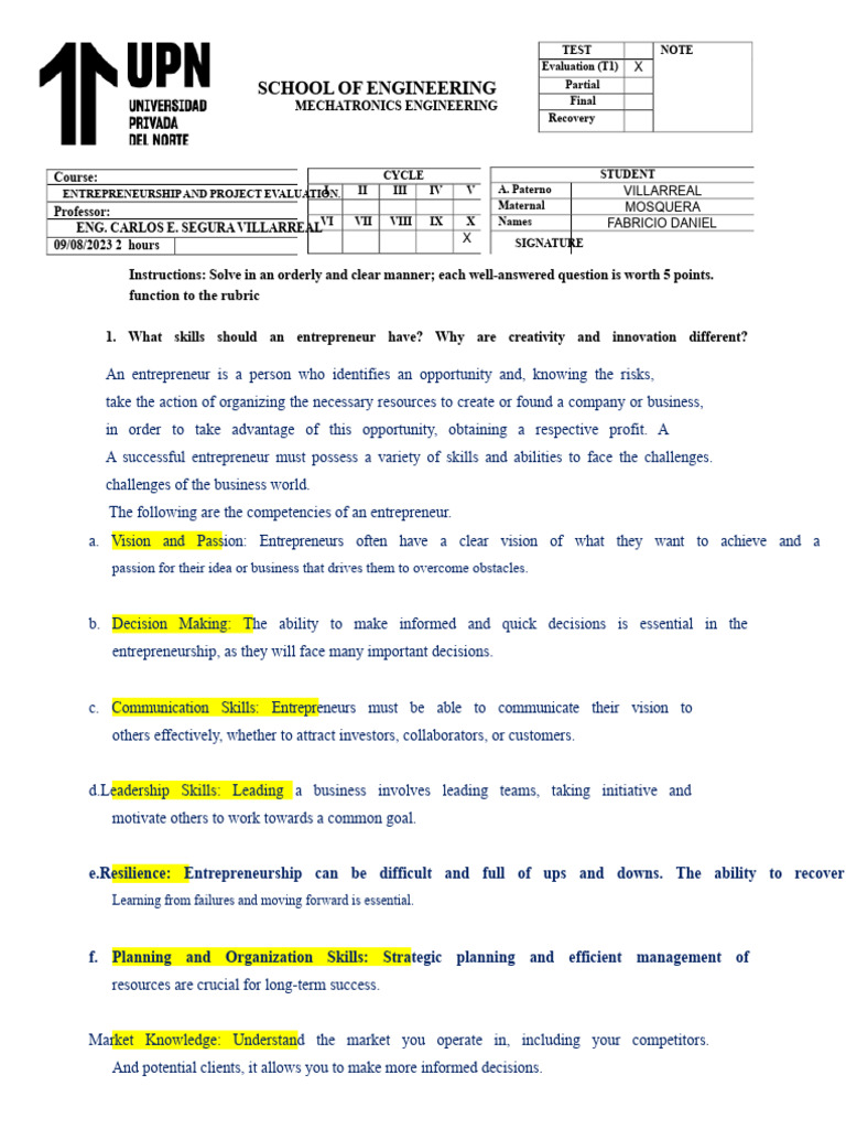 Qualified Practice T1 Entrepreneurship and Project Evaluation UPN 2023 ...