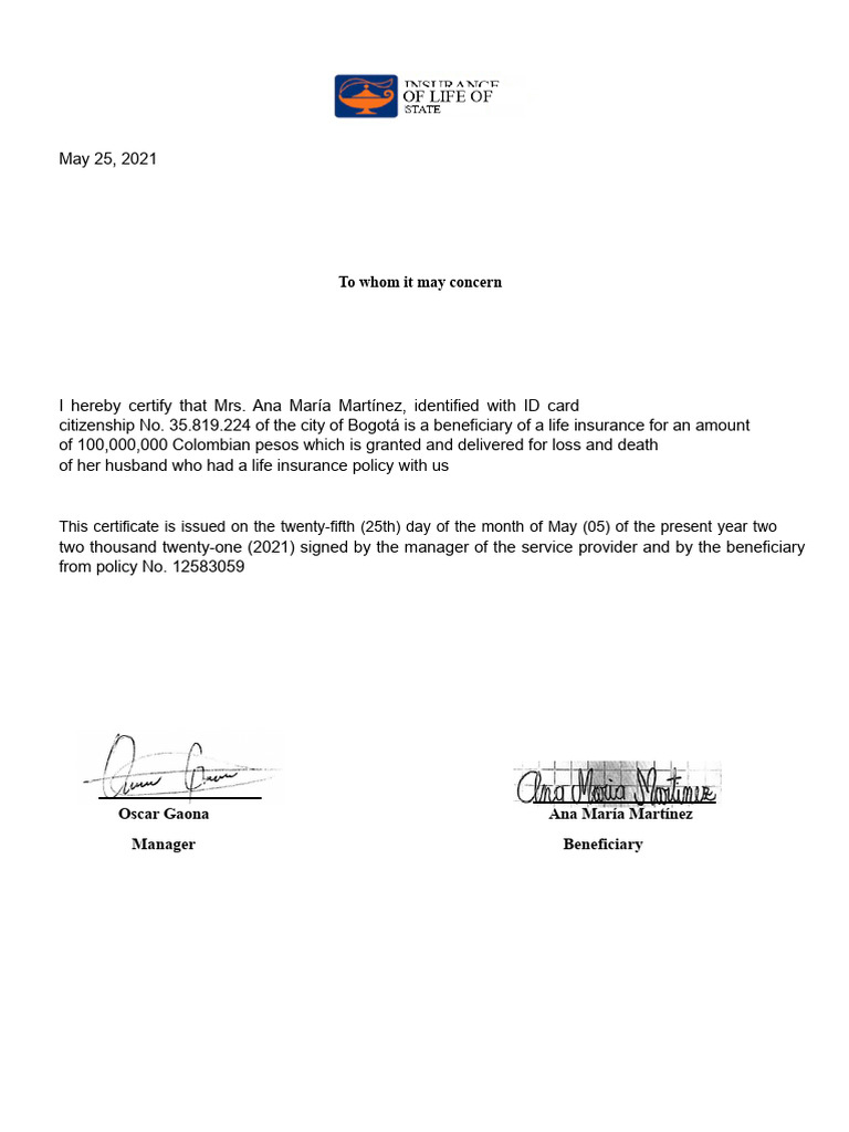 State Insurance Certificate | PDF