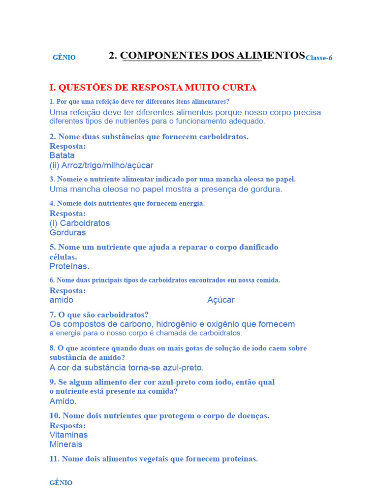 Componentes Dos Alimentos Classe 6 | PDF | Nutrientes | Vitamina