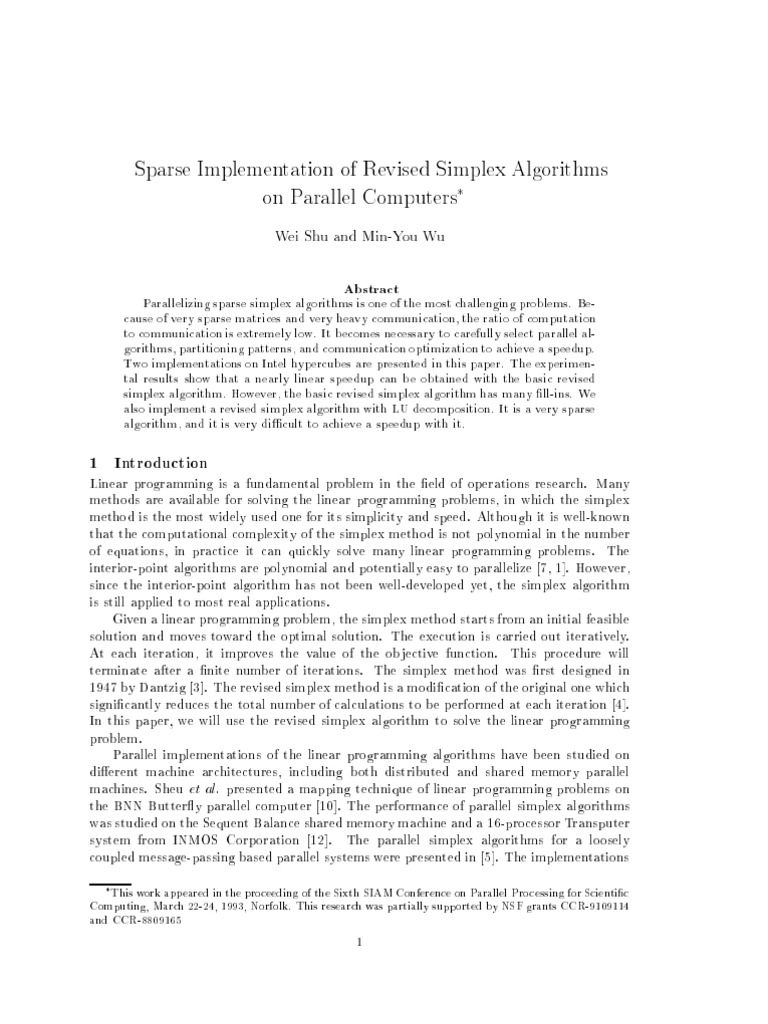 Sparse Implementation of Revised Simplex Algorithms On Parallel Computers | PDF | Linear ...