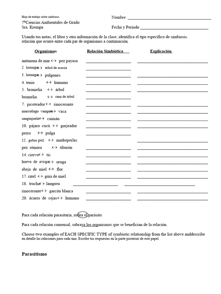 Hoja de Trabajo de Simbiosis | PDF | Simbiosis | Interacciones biológicas