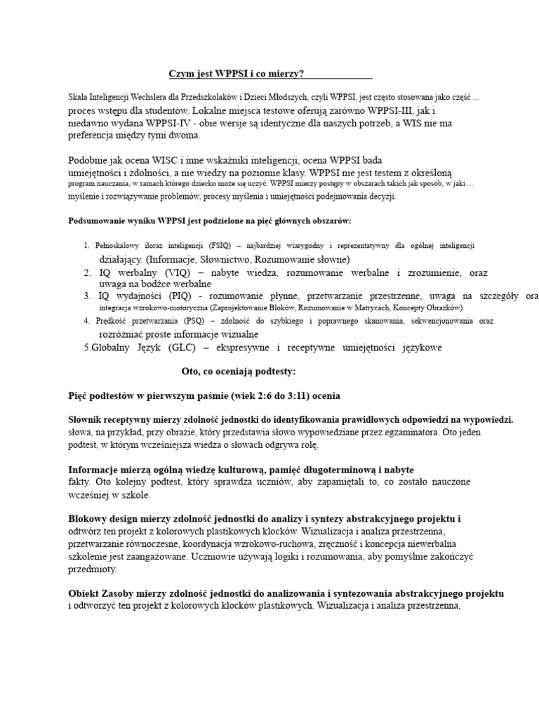 Czym Jest WPPSI I Co Mierzy? | PDF