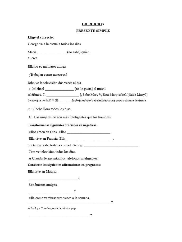 Ejercicios de Presente y Pasado Simple | PDF