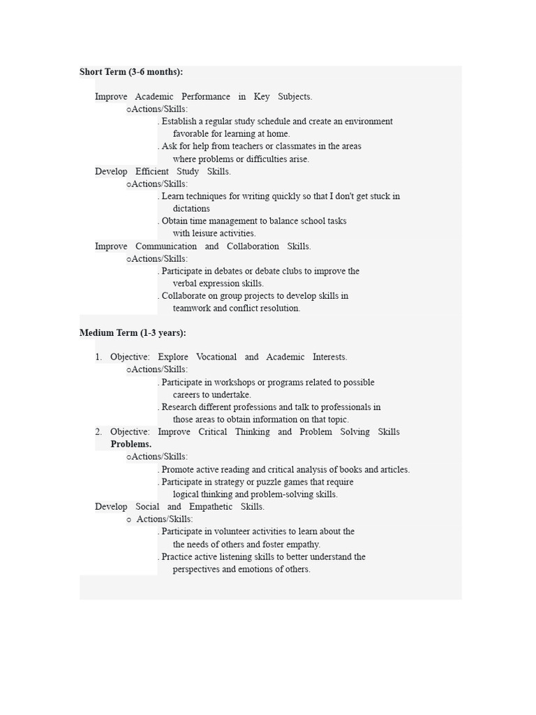 Objectives, Short, Medium, and Long Term | PDF | Critical Thinking | Skill