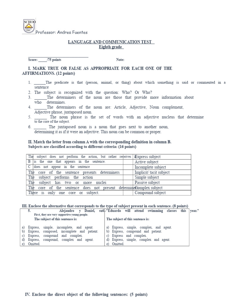 Language Test Subject and Predicate Eighth | PDF | Subject (Grammar) | Noun