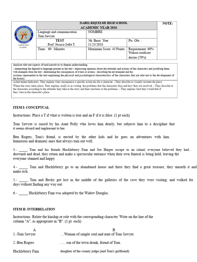 Tom Sawyer Test 5th Year | PDF | Huckleberry Finn | The Adventures Of ...