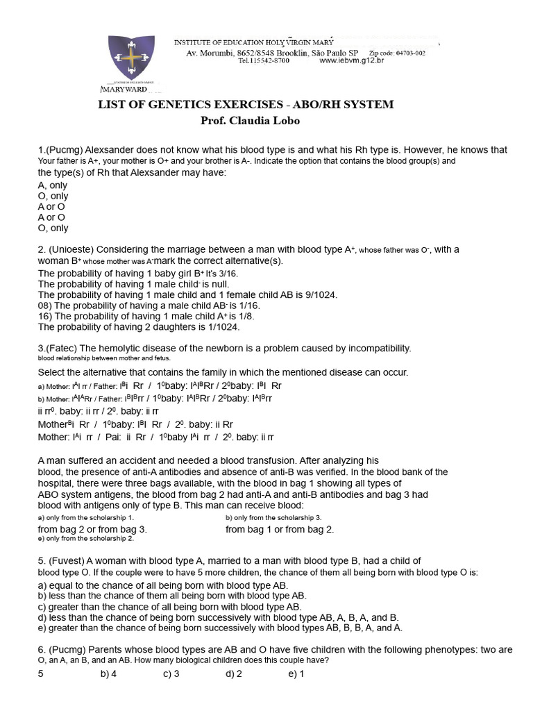 Genetics Exercises: ABO/Rh Blood Types | PDF | Blood Type | Dominance ...