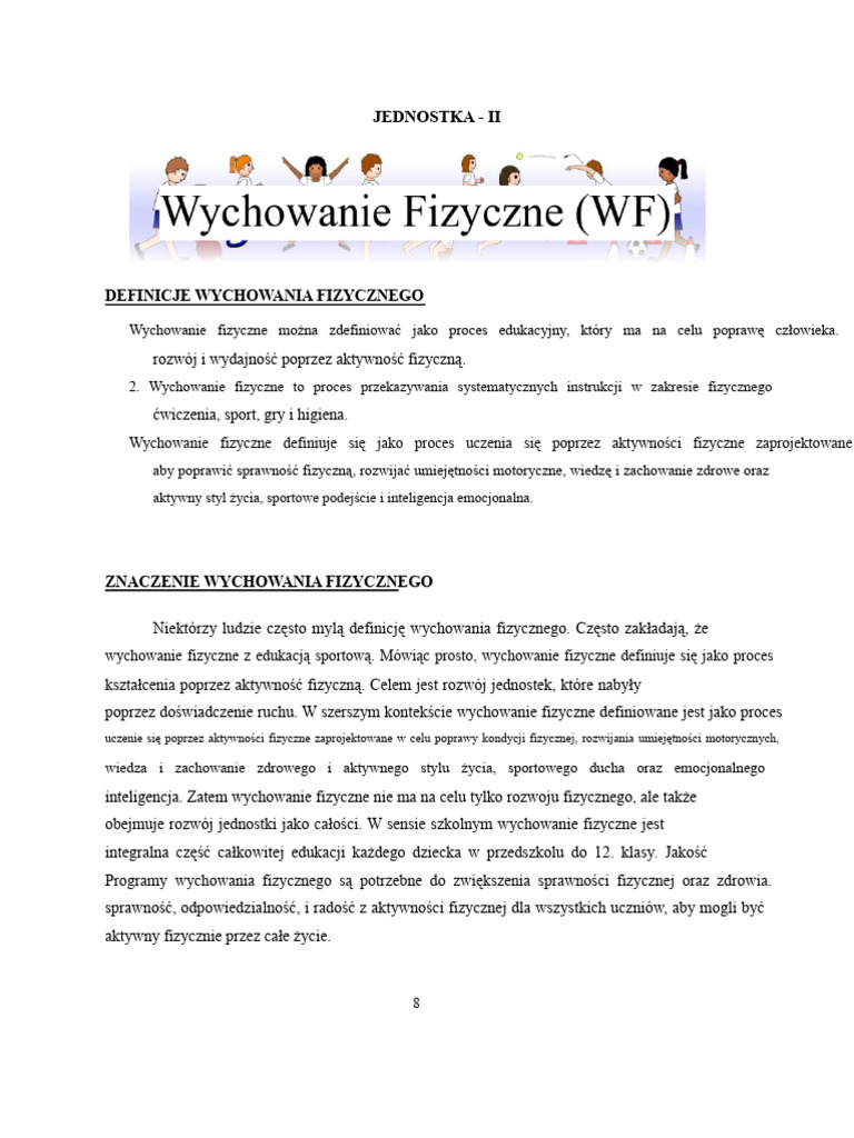 Fundamenty Wychowania Fizycznego JEDNOSTKA 2 | PDF