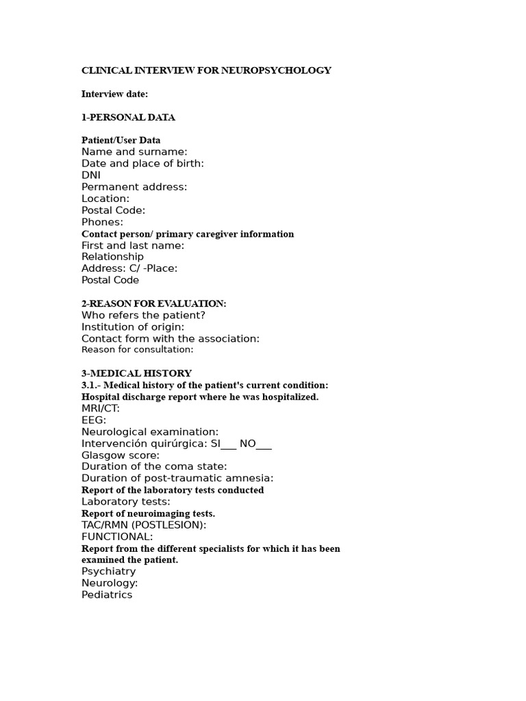 Neuropsychology Clinical Interview Guide | PDF | Neurology ...