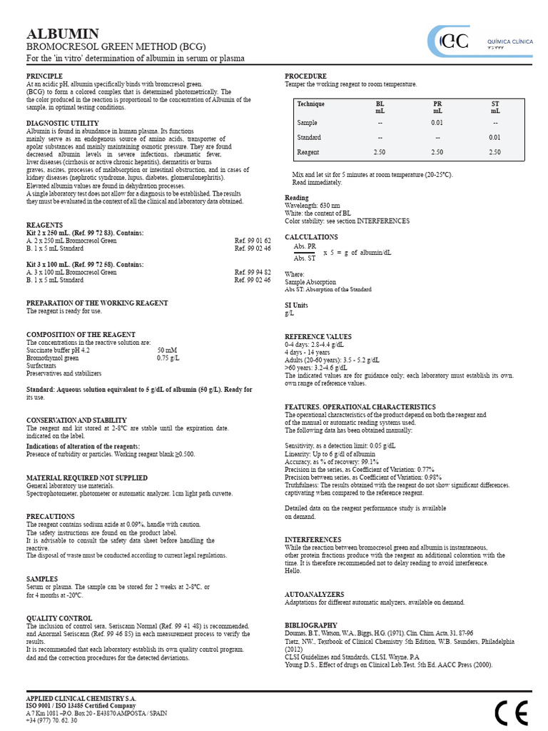 Albumin Measurement Using BCG Method | PDF | Blood Plasma | Ph