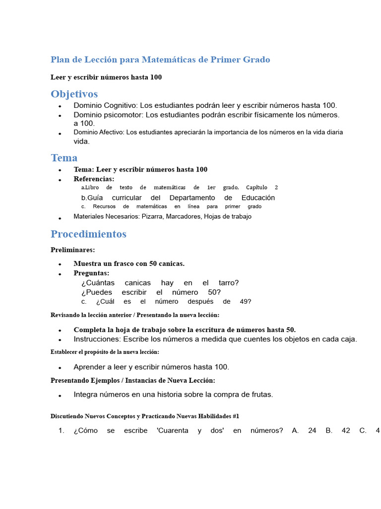 Leer y Escribir Números Hasta 100 | PDF