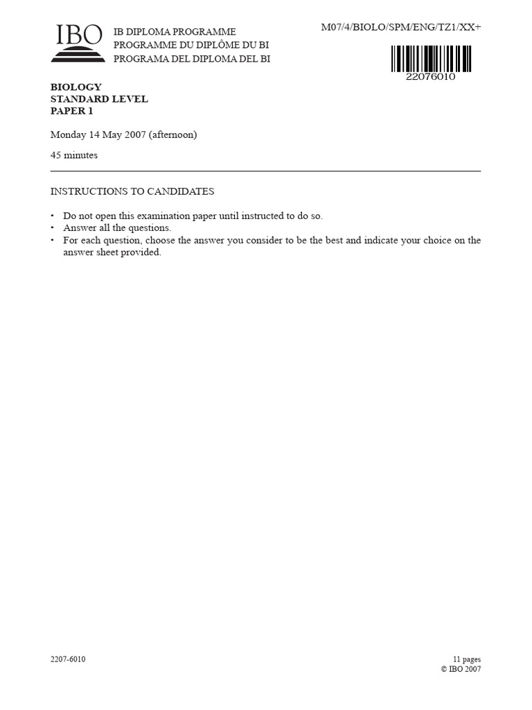 IB Biology SL Exam Paper 1 2007 | PDF | Genetic Code | Gene