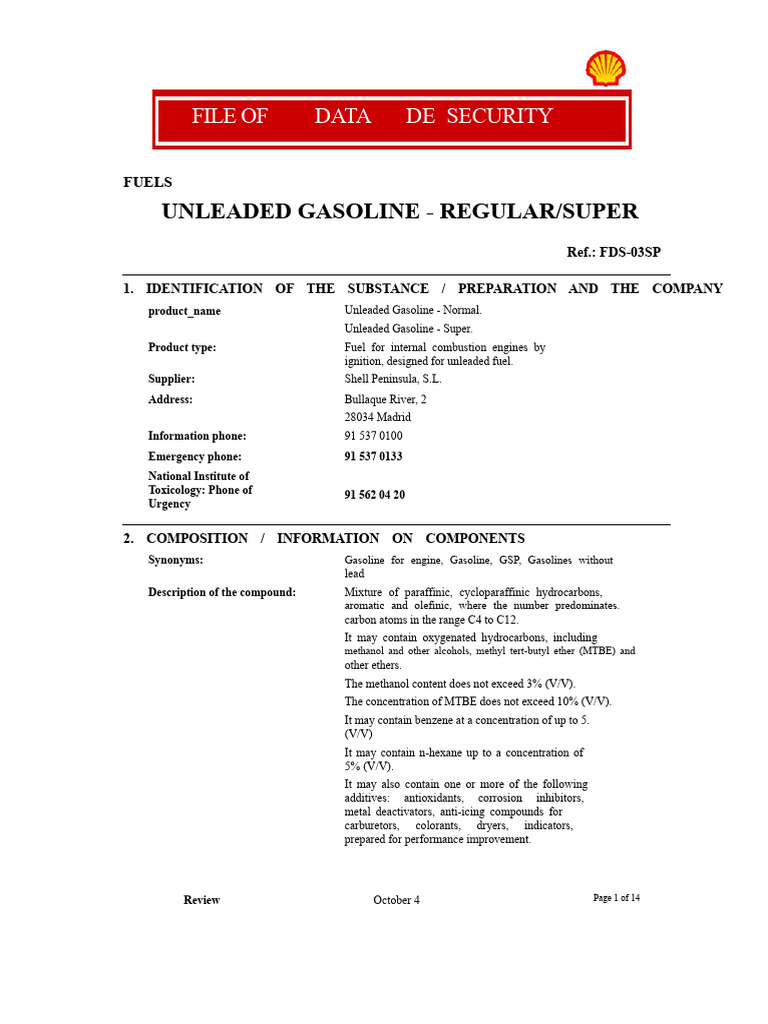 4891 Gasoline Safety Data Sheet Shell PDF | PDF | Gasoline | Dangerous ...