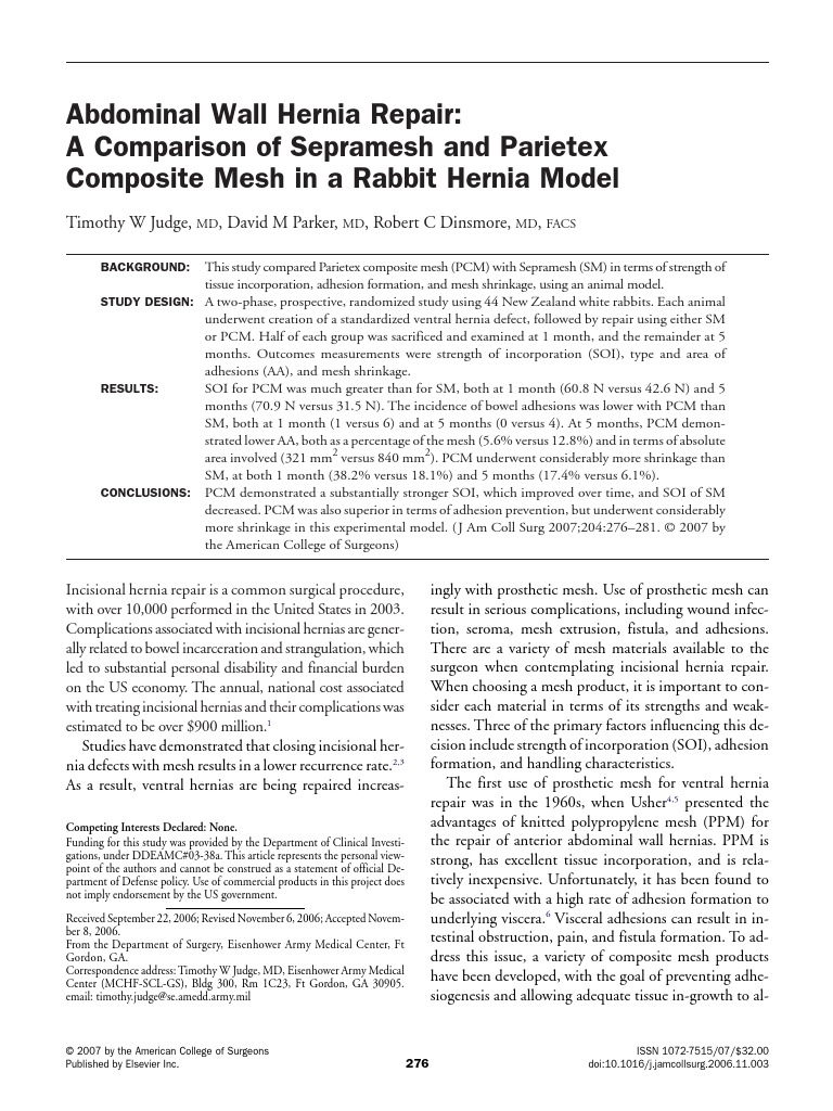 A Comparison of Sepramesh and Parietex Composite Mesh | PDF | Surgery ...