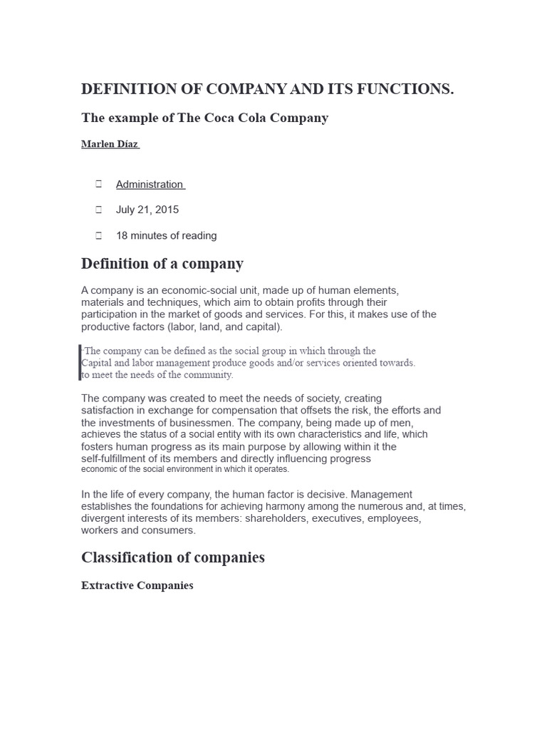Company Definition and Coca-Cola Functions | PDF | Marketing | Human ...