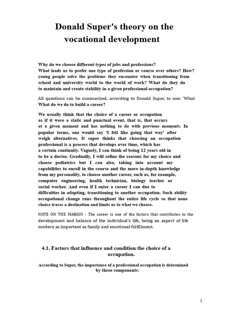 Donald Super's Theory of Vocational Development | PDF | Self Concept ...